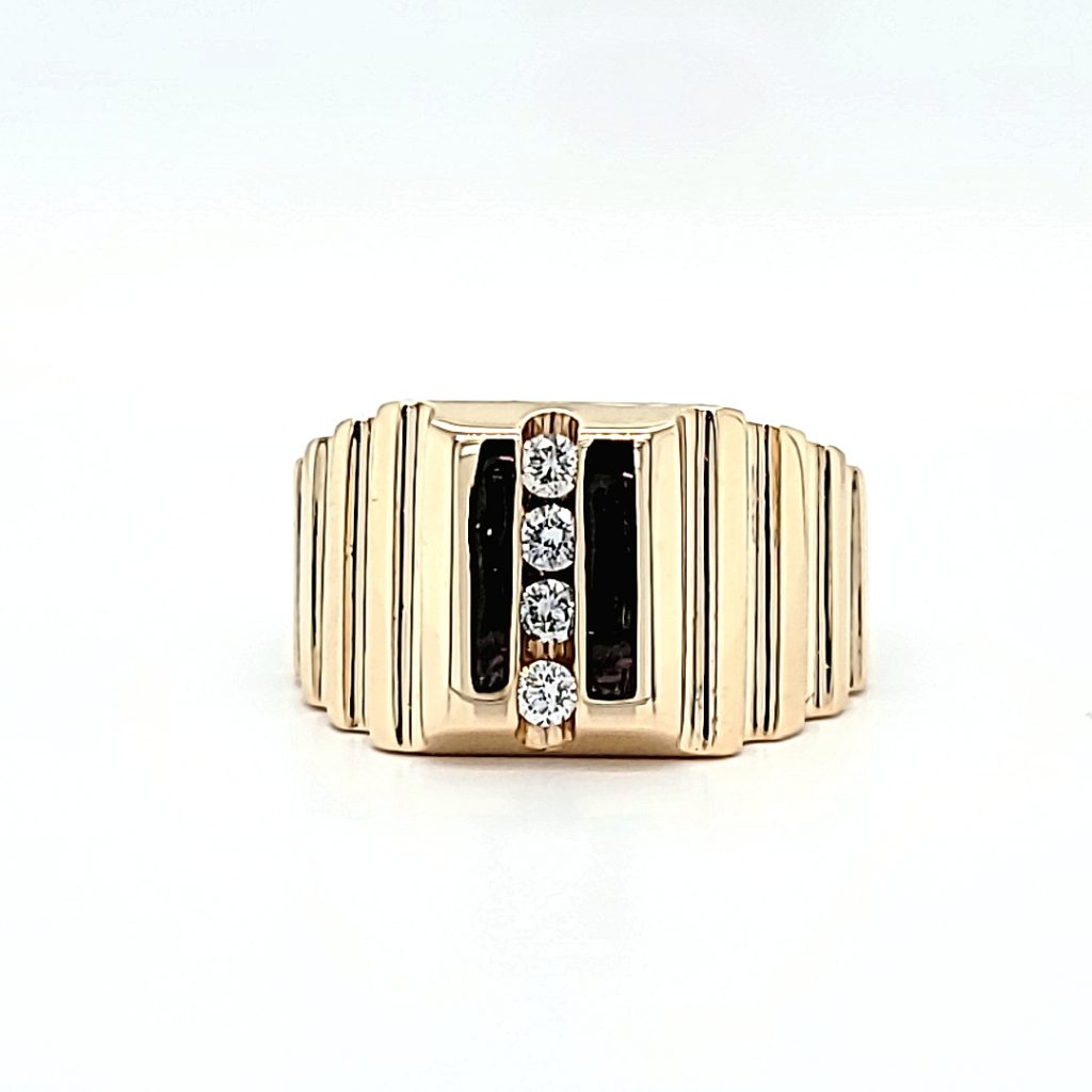 14K Yellow Gold 4 Channel Set RBC Diamond Stepped Style Signet Ring ...